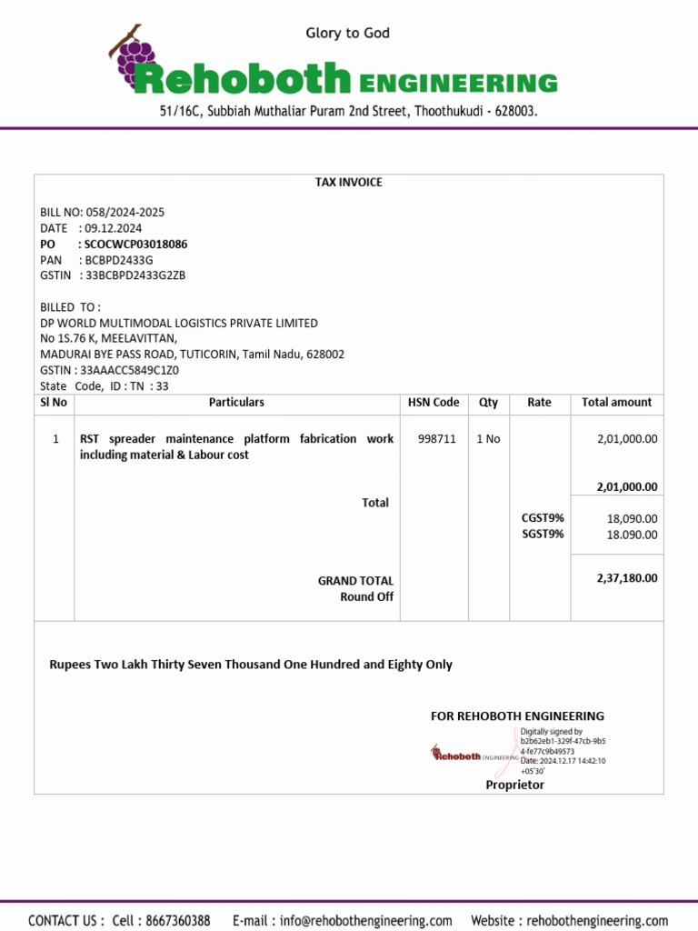 DP World Tax Invoice No.058 | PDF