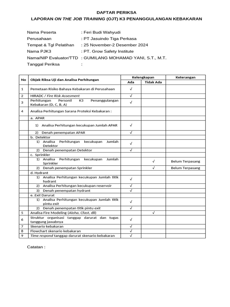 Cheklist Laporan OJT Fire A | PDF