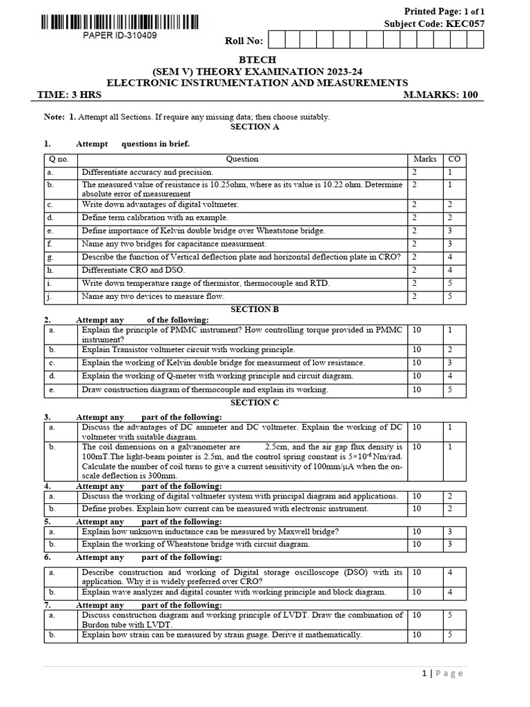 BTech Electronic Instrumentation Exam | PDF | Electrical Engineering ...