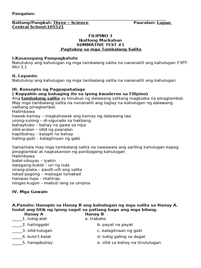 Filipino and Ap ST1 | PDF