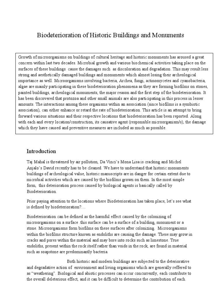 Biodeterioration of Historic Monuments | PDF | Biofilm | Microorganism