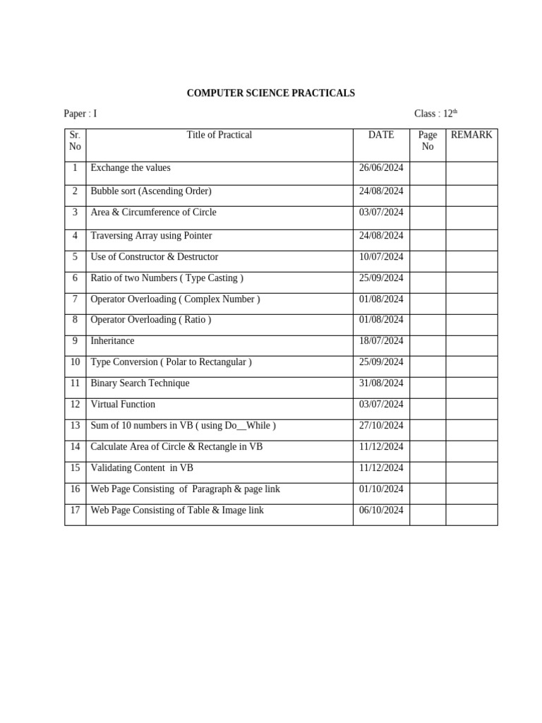 12th CS - 1 Practical Index 2024 | PDF