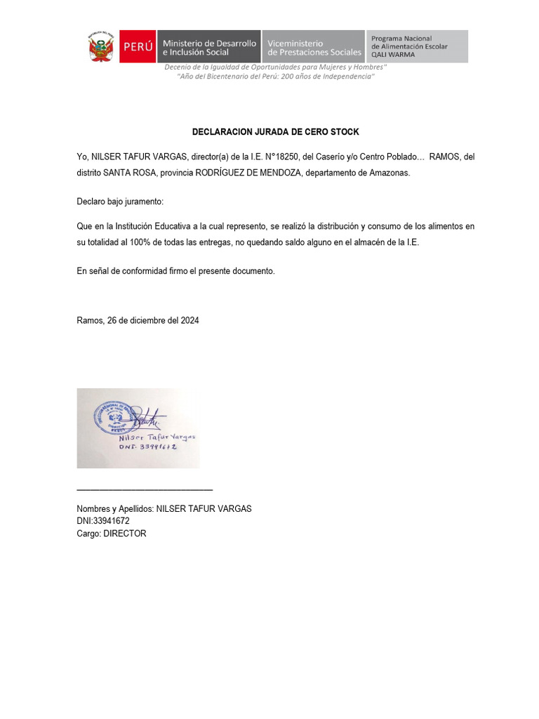 Declaracion Jurada de Cero Stokc | PDF