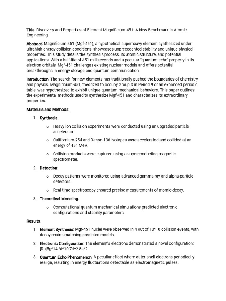 Magnificium-451: A New Superheavy Element | PDF | Electron | Chemical ...