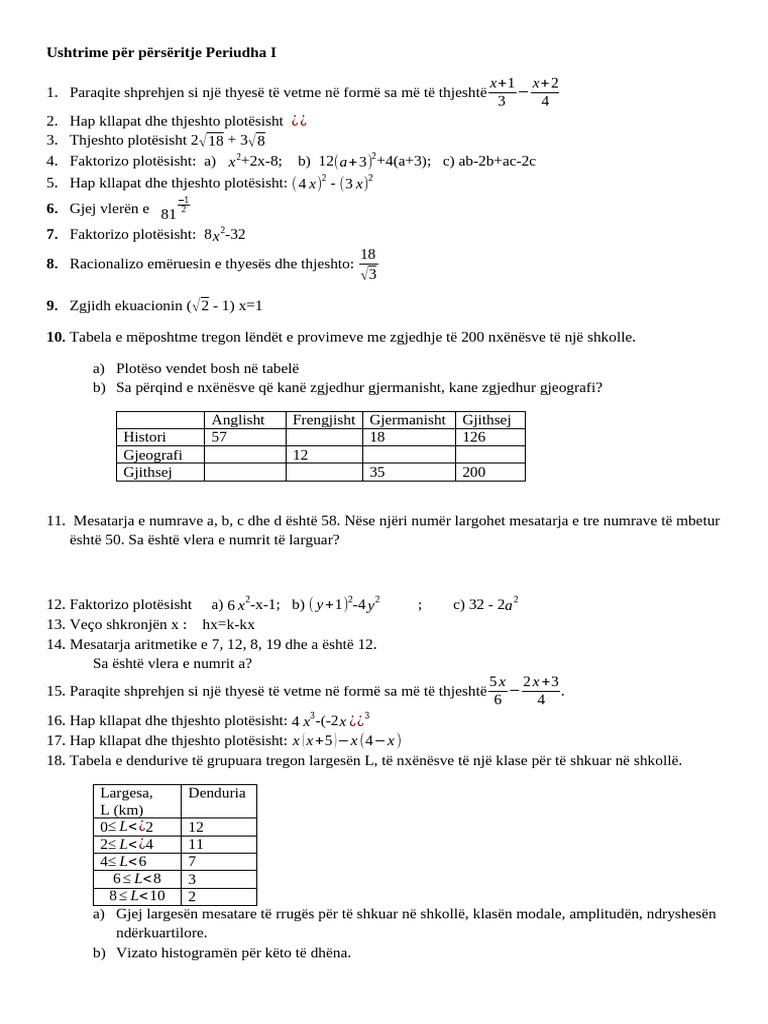 Ushtrime Per Perseritje Periudha 1 Matematika 10 | PDF