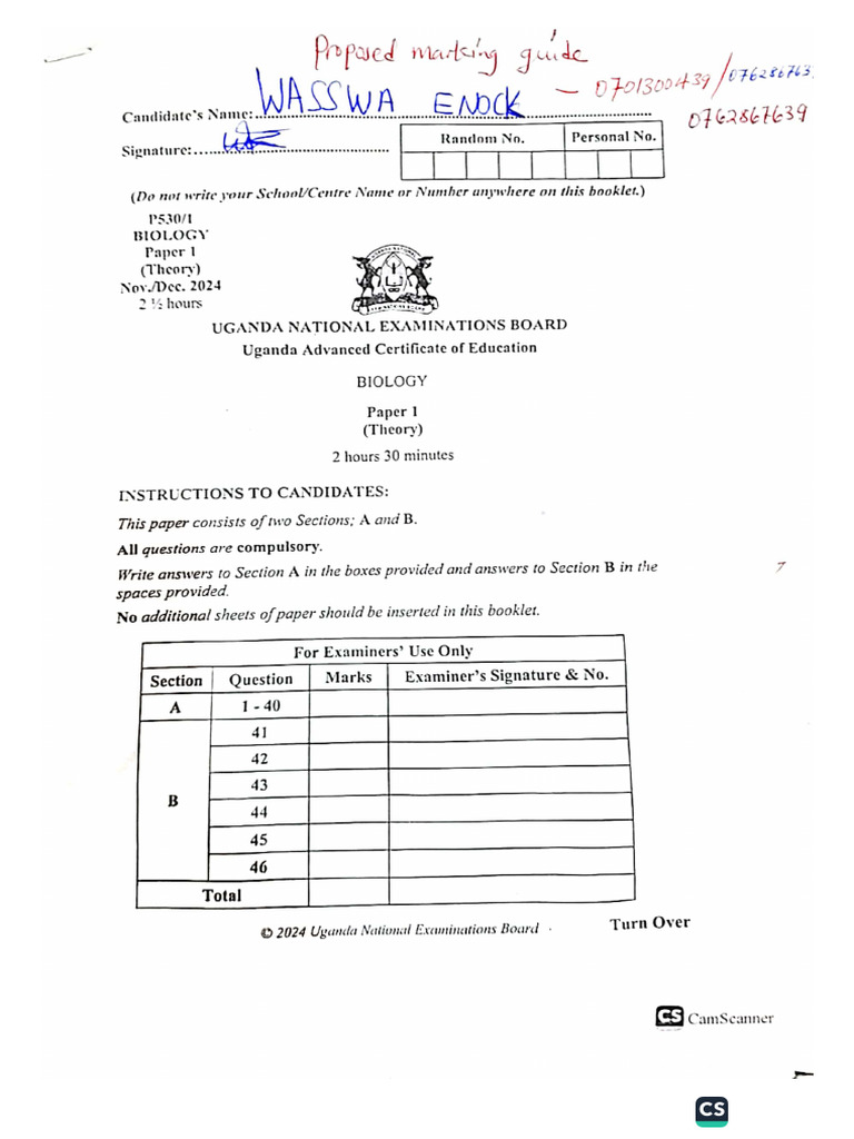 Proposed Guide To A Level Biology Paper 1 UNEB 2024 | PDF