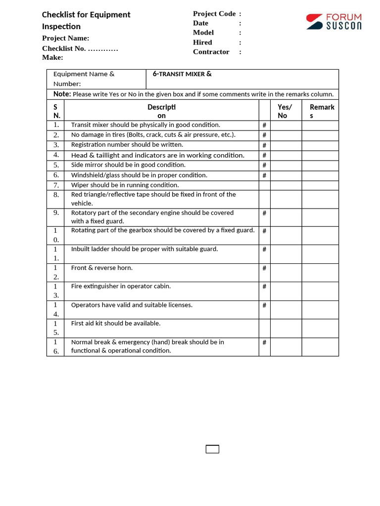 Checklist For Equipment Inspection Concrete MIXER | PDF