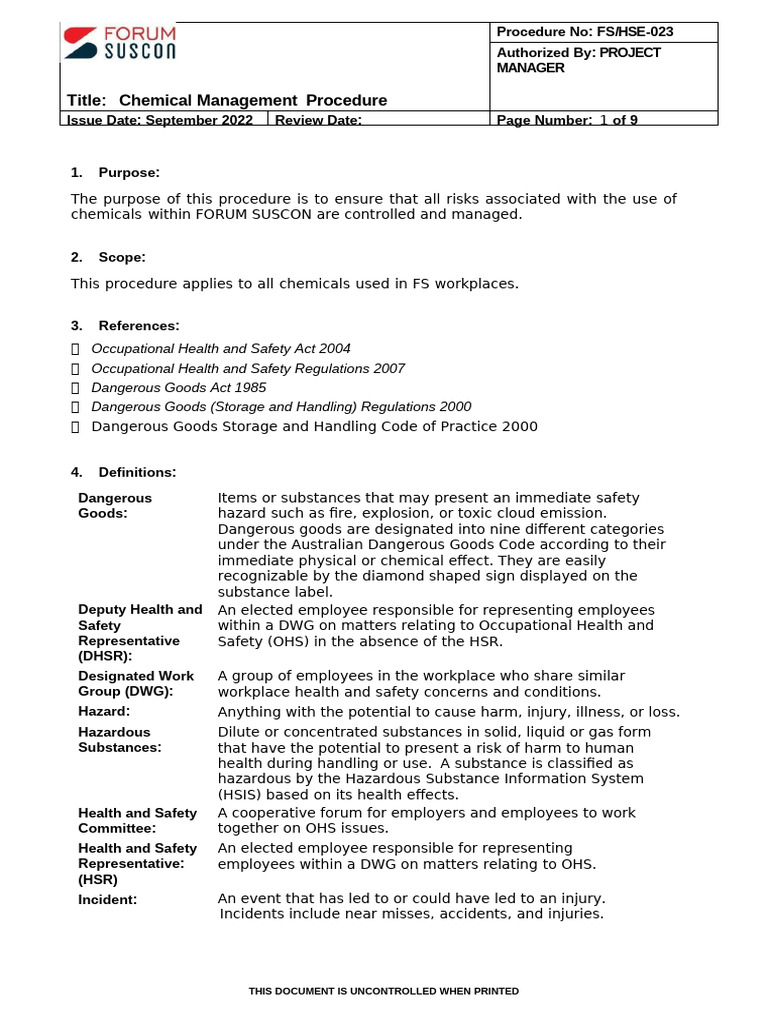 Chemical Management Procedure Overview | PDF | Dangerous Goods ...