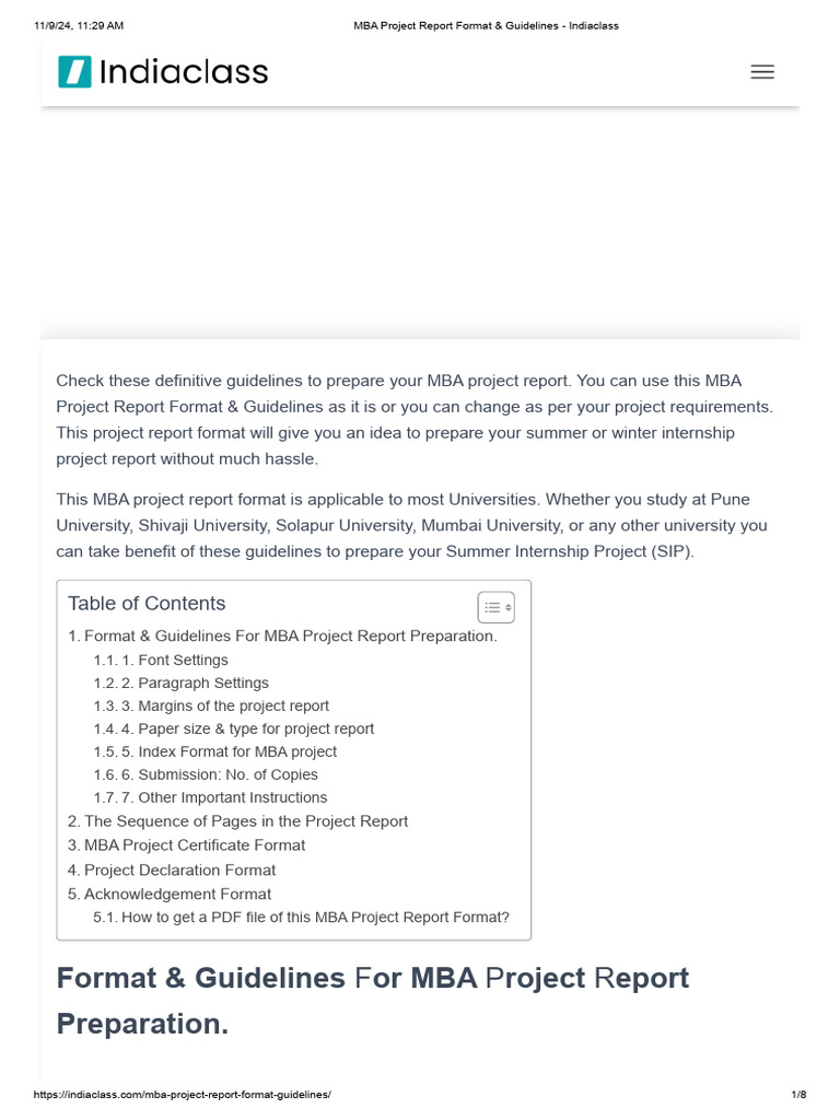 MBA Project Report Format & Guidelines - Indiaclass (1) | PDF