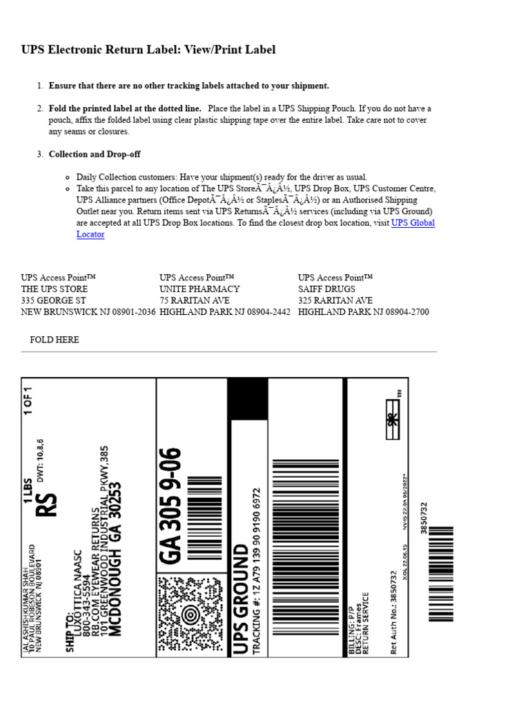 UPS Electronic Return Label: View/Print Label | PDF