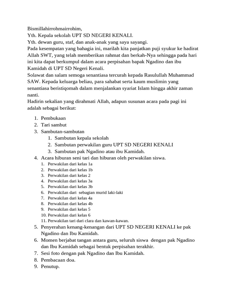 Susunan Acar Perpisahan UPT SDN Kenali | PDF