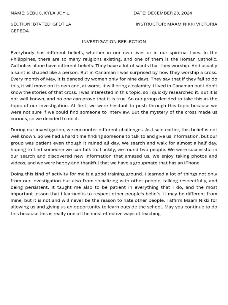 INVESTIGATION REFLECTION | PDF