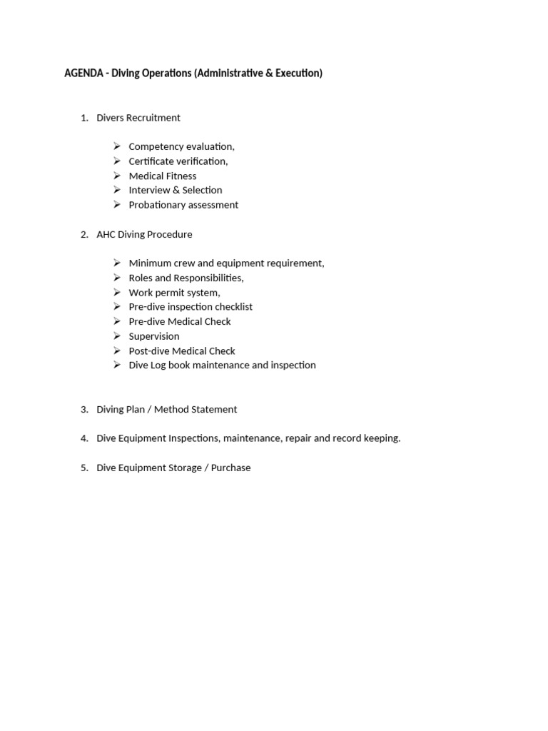 Diving Operations Agenda & Procedures | PDF