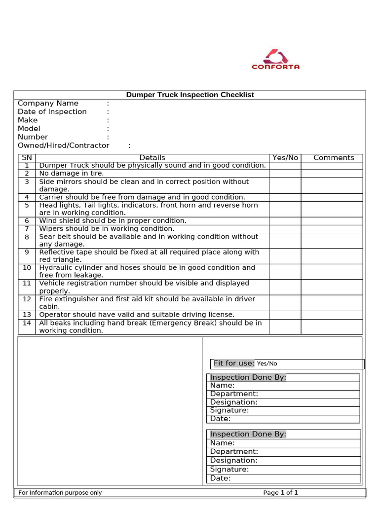 Dumper Truck Safety Inspection Checklist | PDF