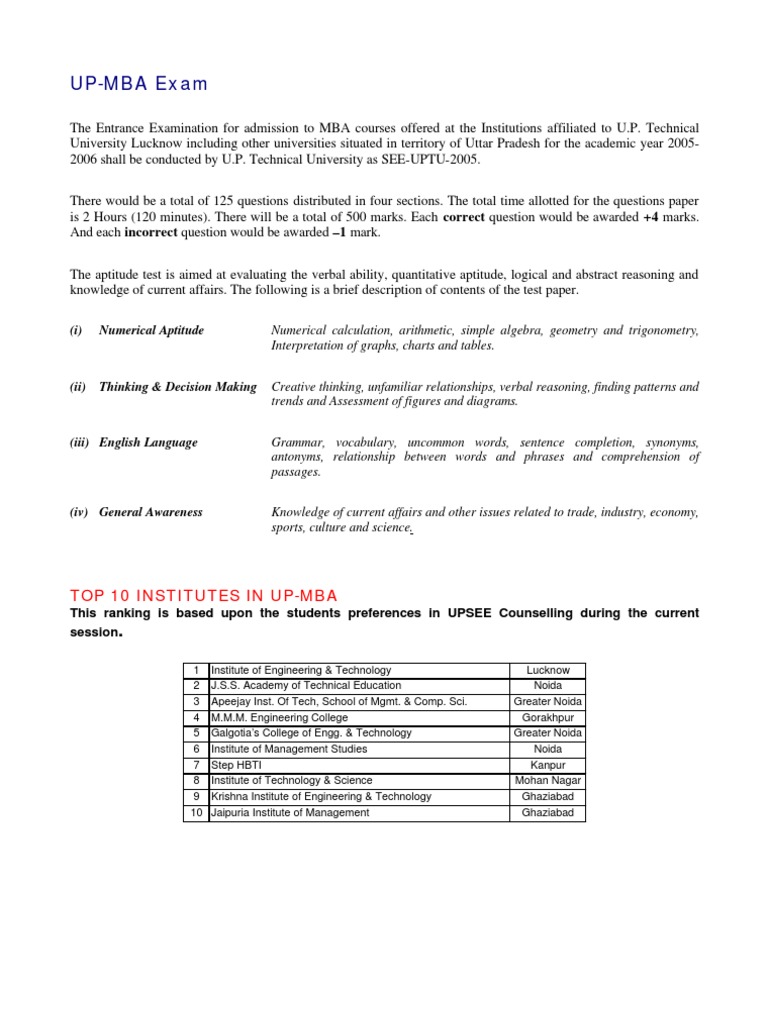 UP-MBA Entrance Exam Guide | PDF | Test (Assessment) | Further Education