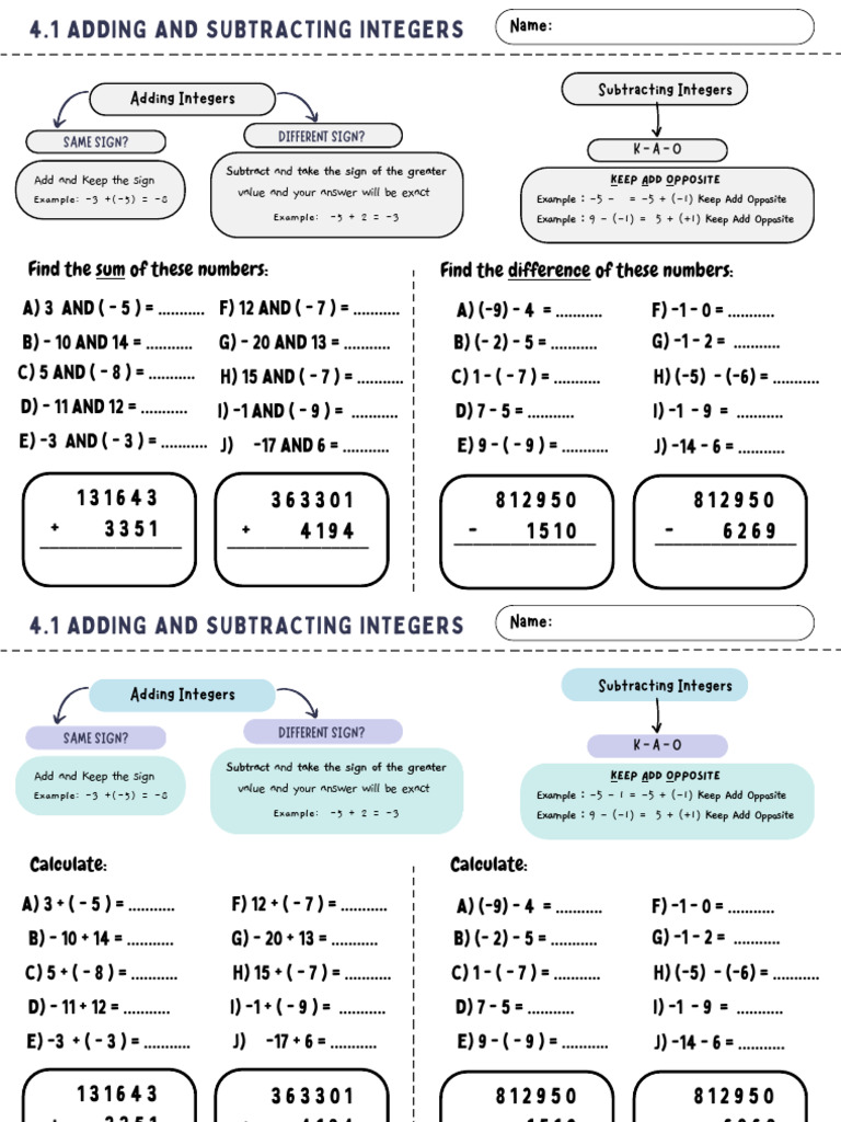4.1 Adding and Subtracting Integers | PDF | Mathematics | Arithmetic