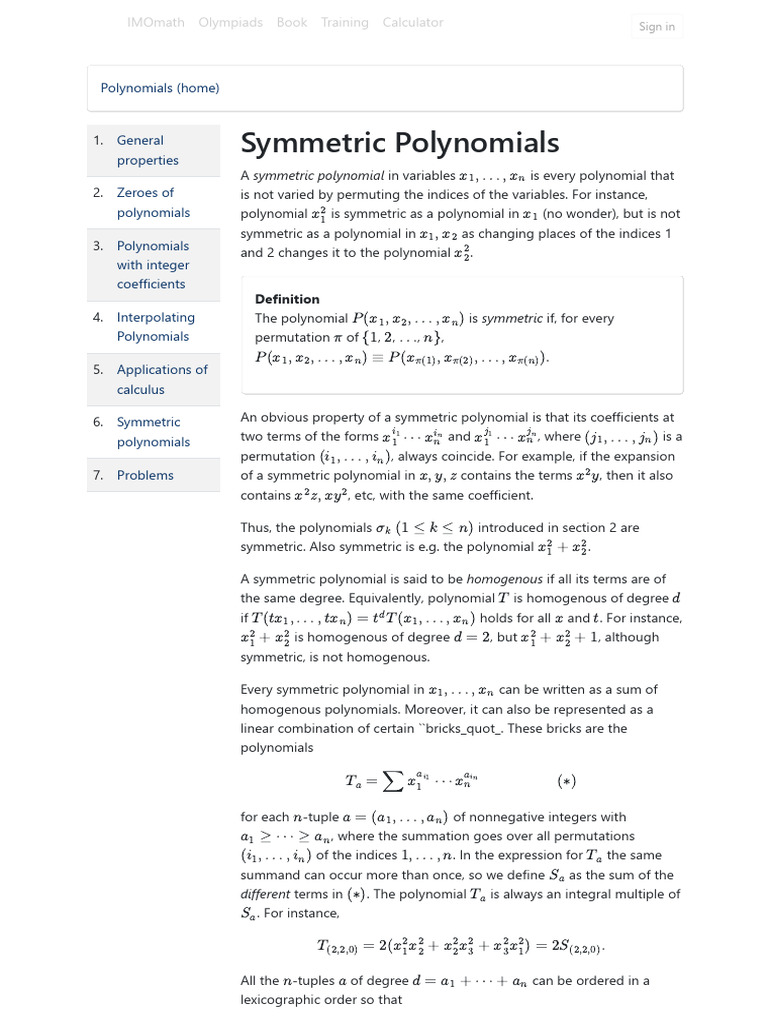 Symmetric Polynomials | PDF | Polynomial | Summation