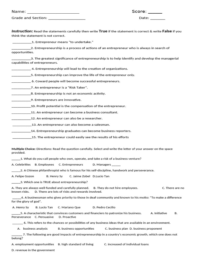 entrep long quiz | PDF | Entrepreneurship | Business Economics