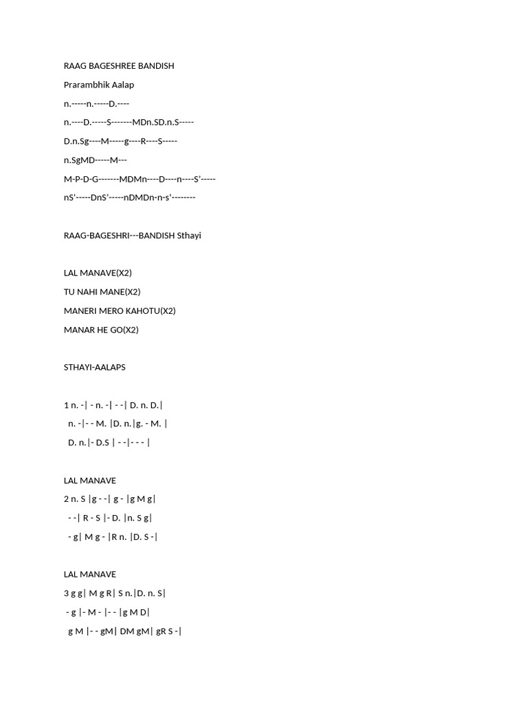 RAAG BAGESHREE BANDISH Chautaal Script | PDF