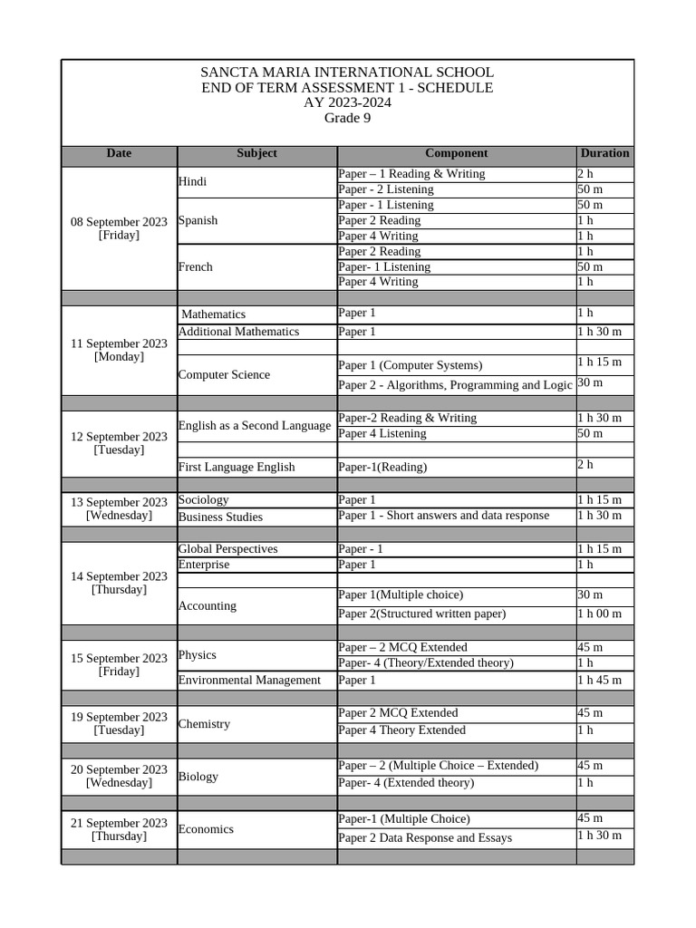 EOT1 - Grade 9 - Time Table AY 2023 2024 | PDF | Multiple Choice | Science