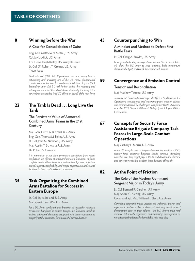 TOC November-December 2023 | PDF | United States Army | Military