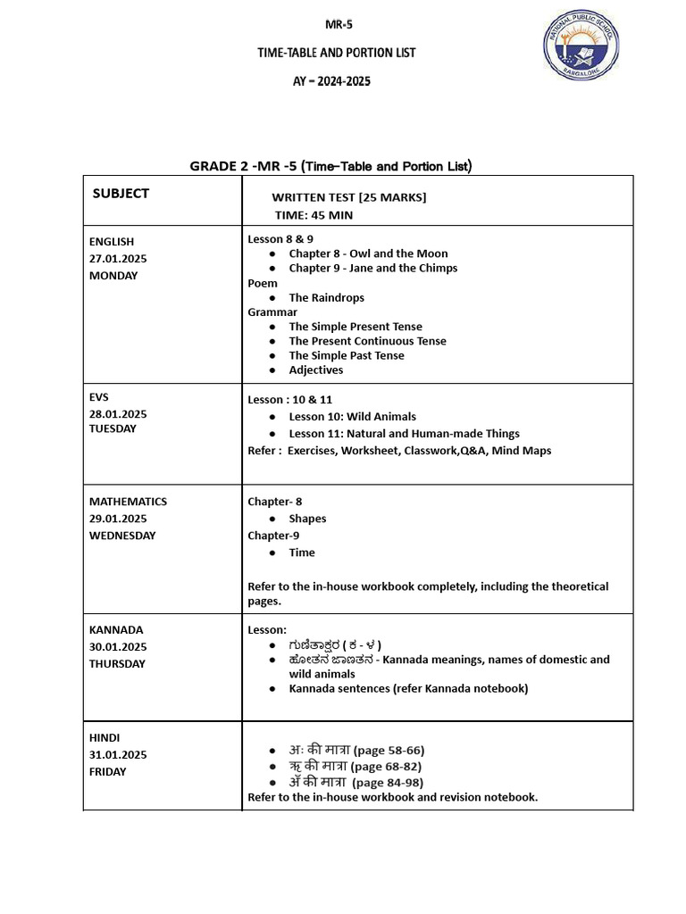 Grade 2 MR 5 (Time-Table and Portion) | PDF