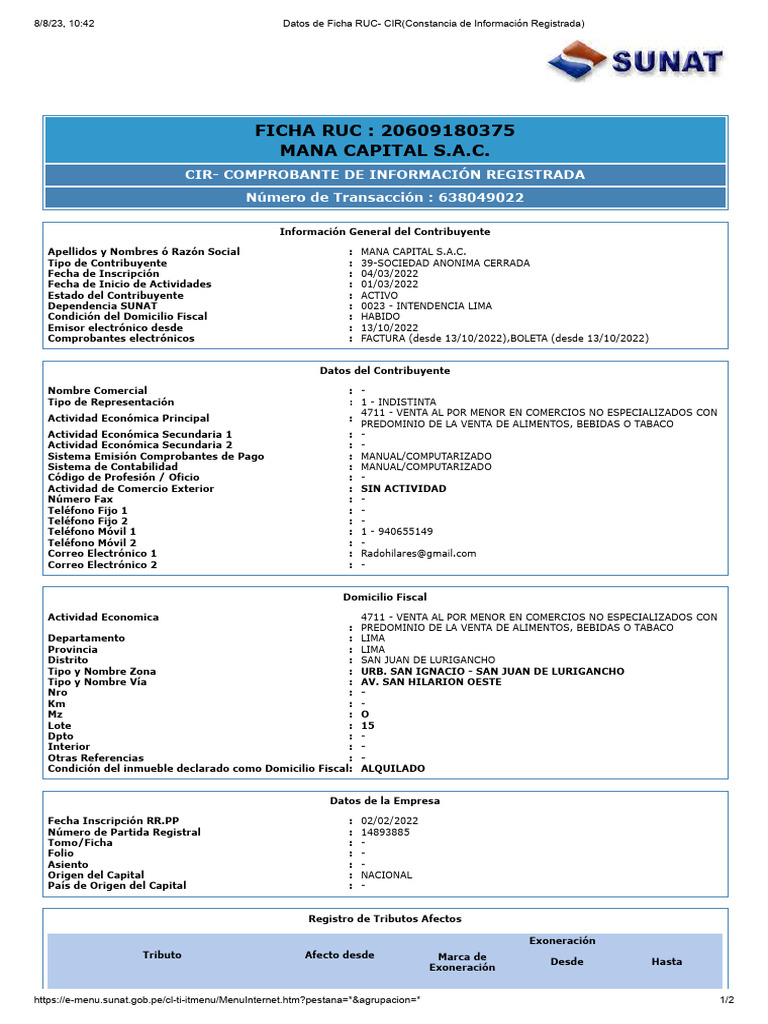Ficha Ruc 2023 - Mana Capital | PDF | Industrias de servicio