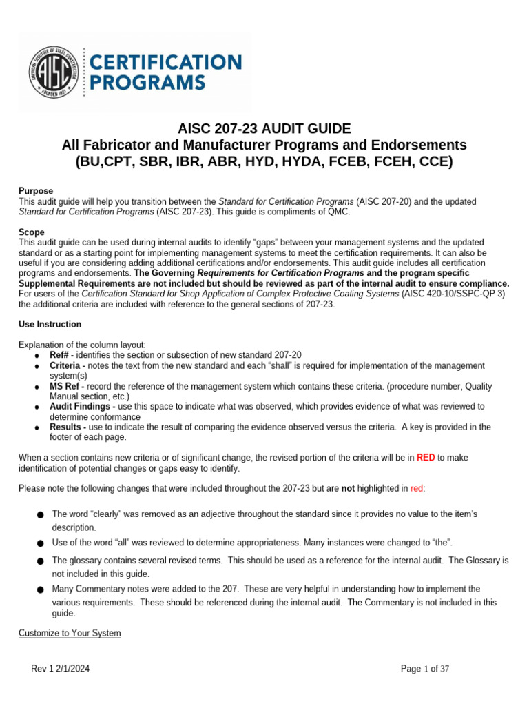 AISC 207-23 Audit Guide | PDF | Audit | Specification (Technical Standard)