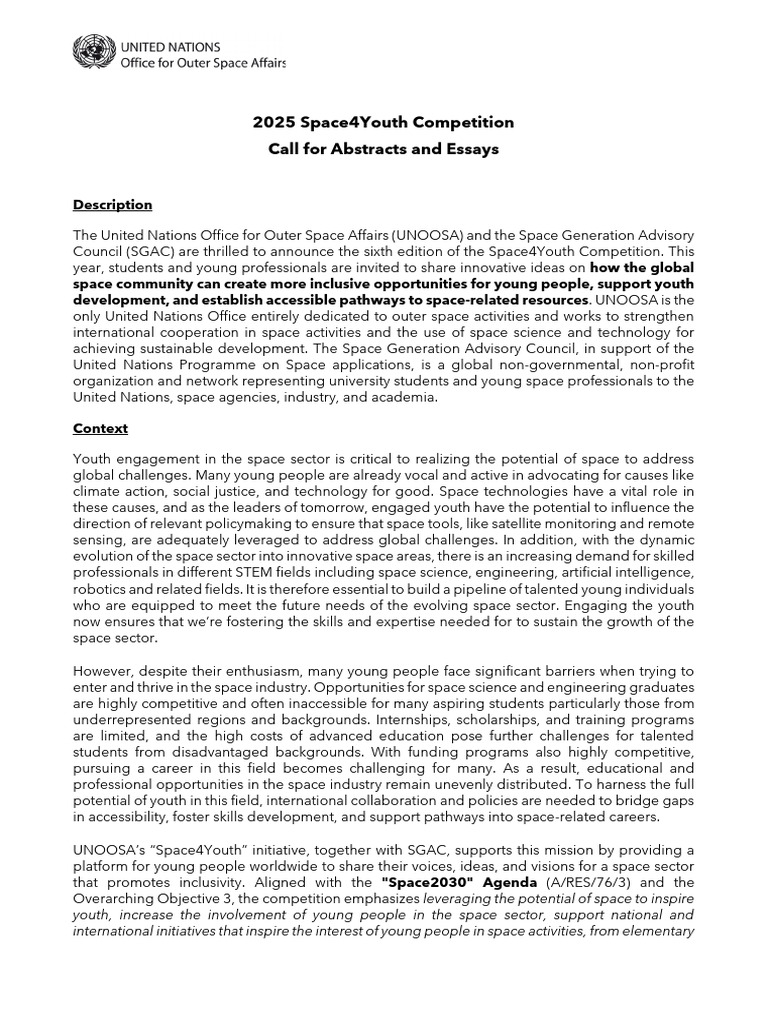 2025 Space4Youth Competition Call For Abstracts and Essays | PDF | Science, Technology ...