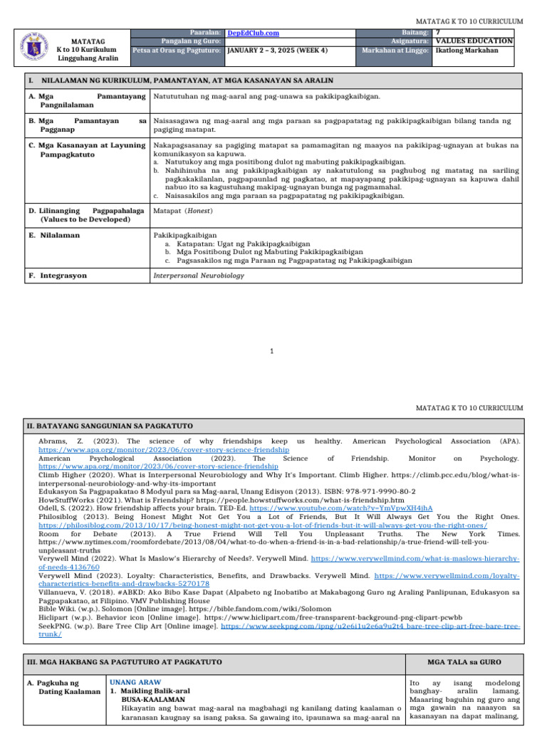 DLL Matatag - Values Education 7 Q3 W4 | PDF