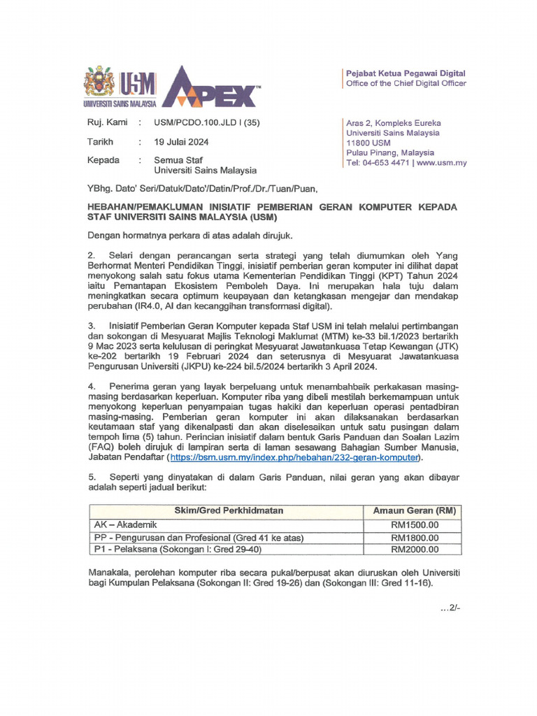 Surat Hebahan Geran Komputer Staf Usm 2024 | PDF