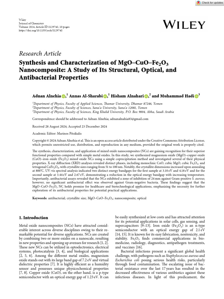 Journal of Chemistry - 2025 - Alnehia - Synthesis and Characterization of MgO CuO Fe2O3 ...