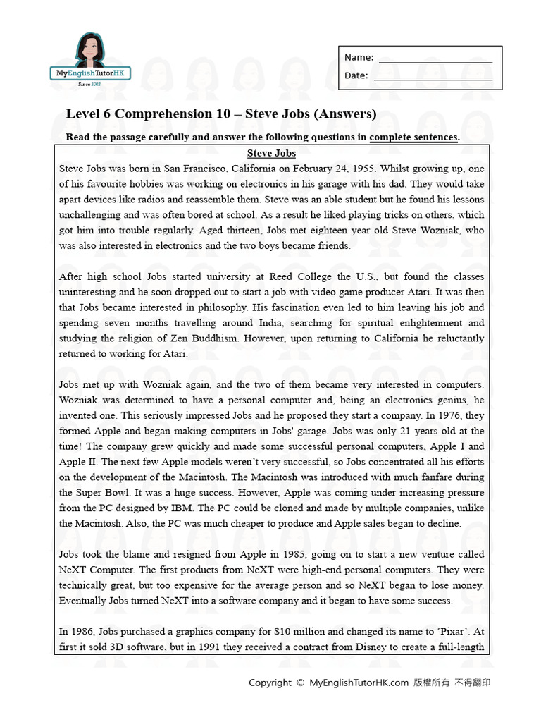 Steve Jobs Reading Comprehension Answers | PDF | Apple Inc. | Steve Jobs