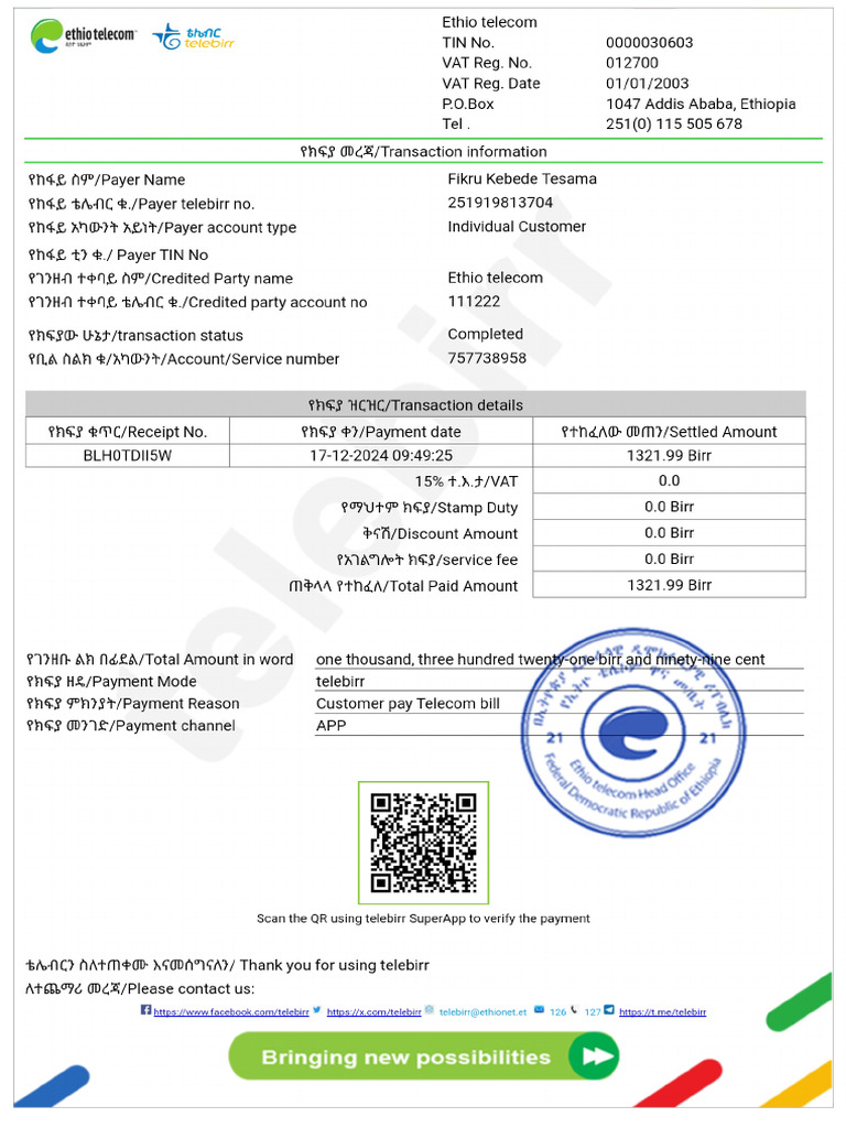 Telebirr - Customer Pay Telecom Bill | PDF