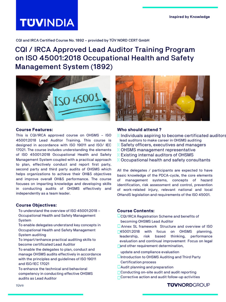 CQI IRCA Approved Lead Auditor Training Program On ISO 450012018 Occupational Health and Safety ...