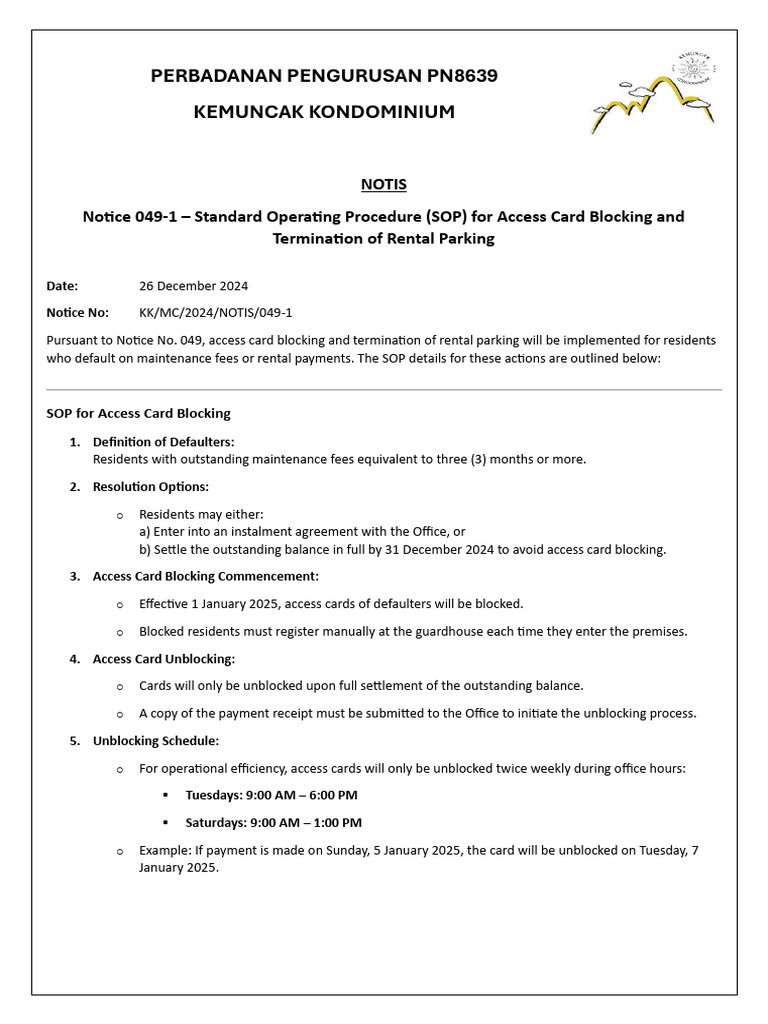 Notice 049-1 - SOP For Access Card Blocking and Parking Defaulters ...