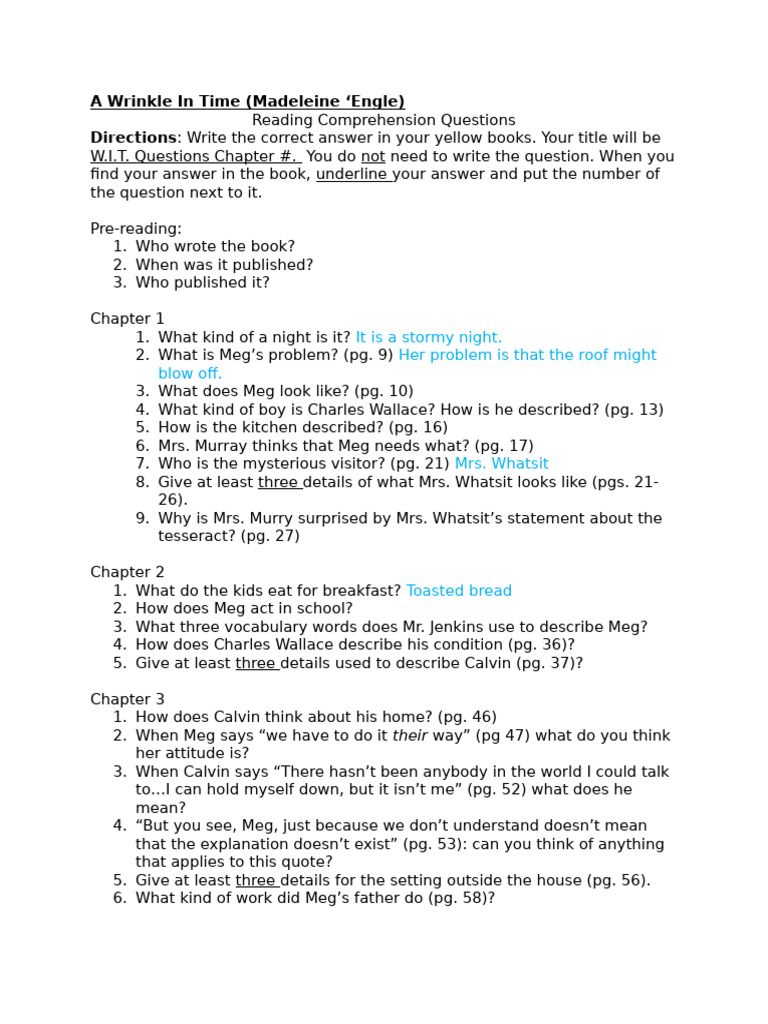 A Wrinkle in Time - Questions | PDF