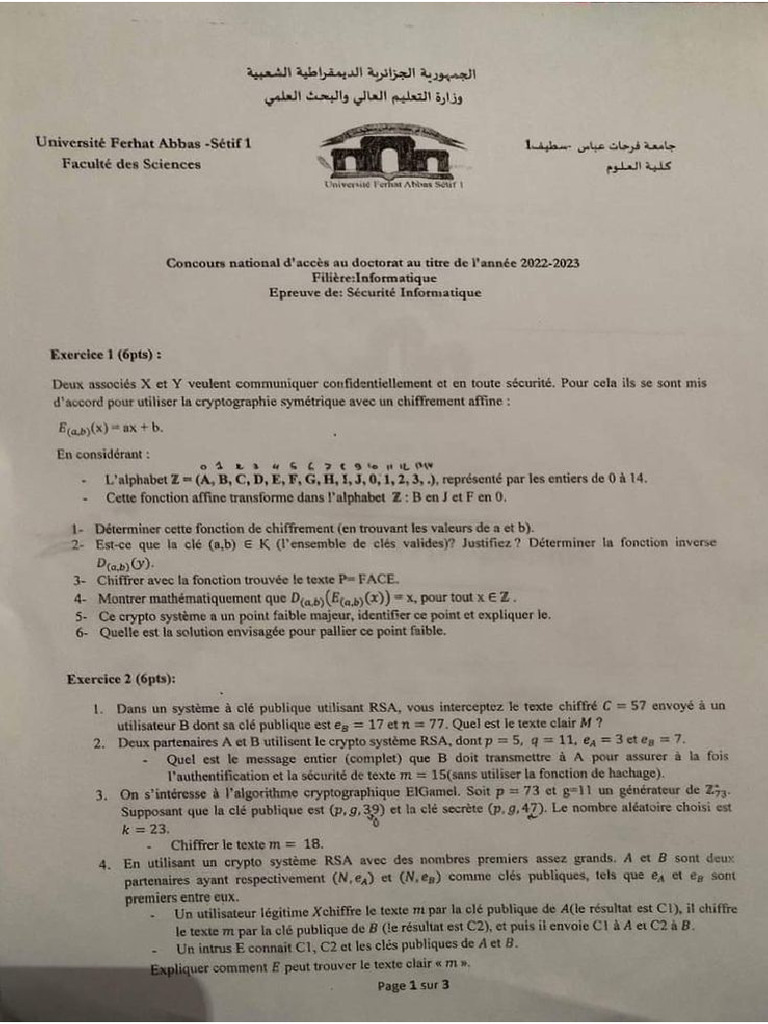 Epreuve Sécurité Informatique LQ Concours de Doctorat Univ Setif 2022 ...