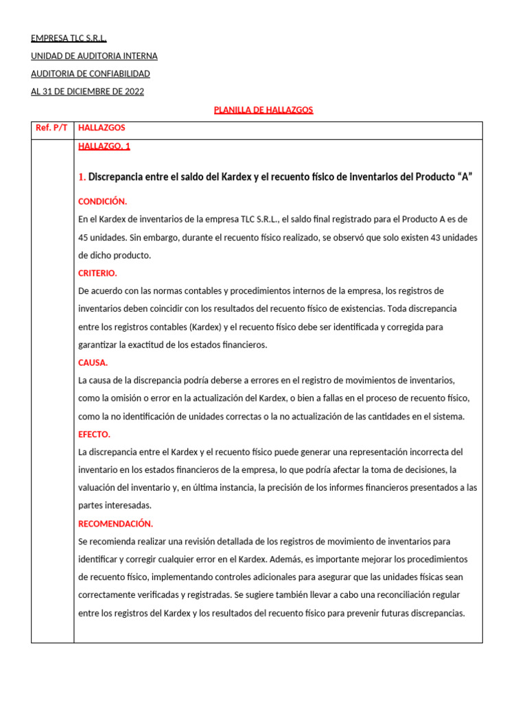 Hallazgo de La Practica de Financiera | PDF | Auditoría | Estado financiero