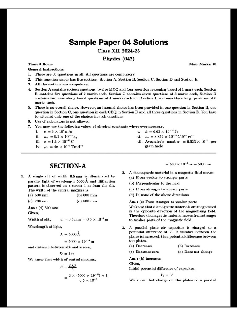Physics Sample Paper 4 | PDF