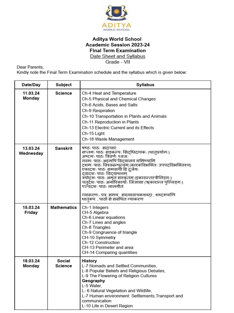 Grade VII Final Exam Schedule 2024 | PDF