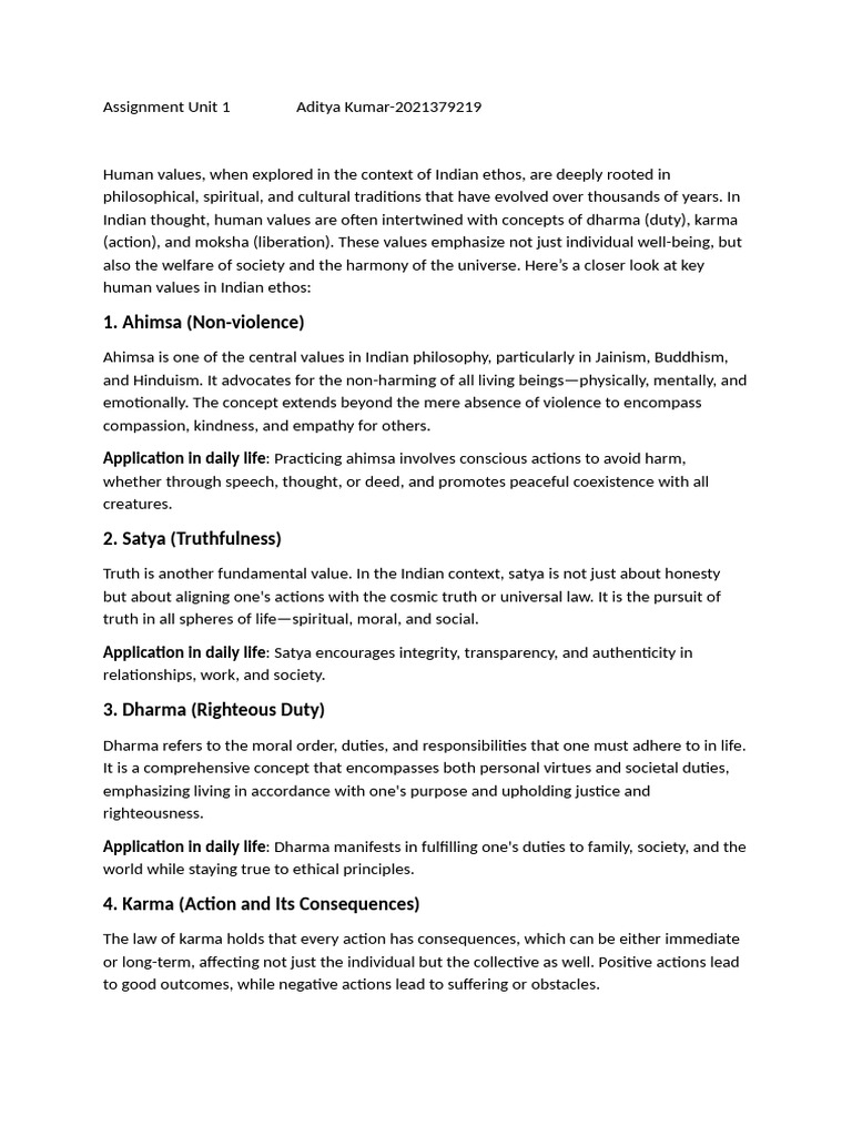 Indian Ethos: Core Human Values | PDF | Ahimsa | Karma