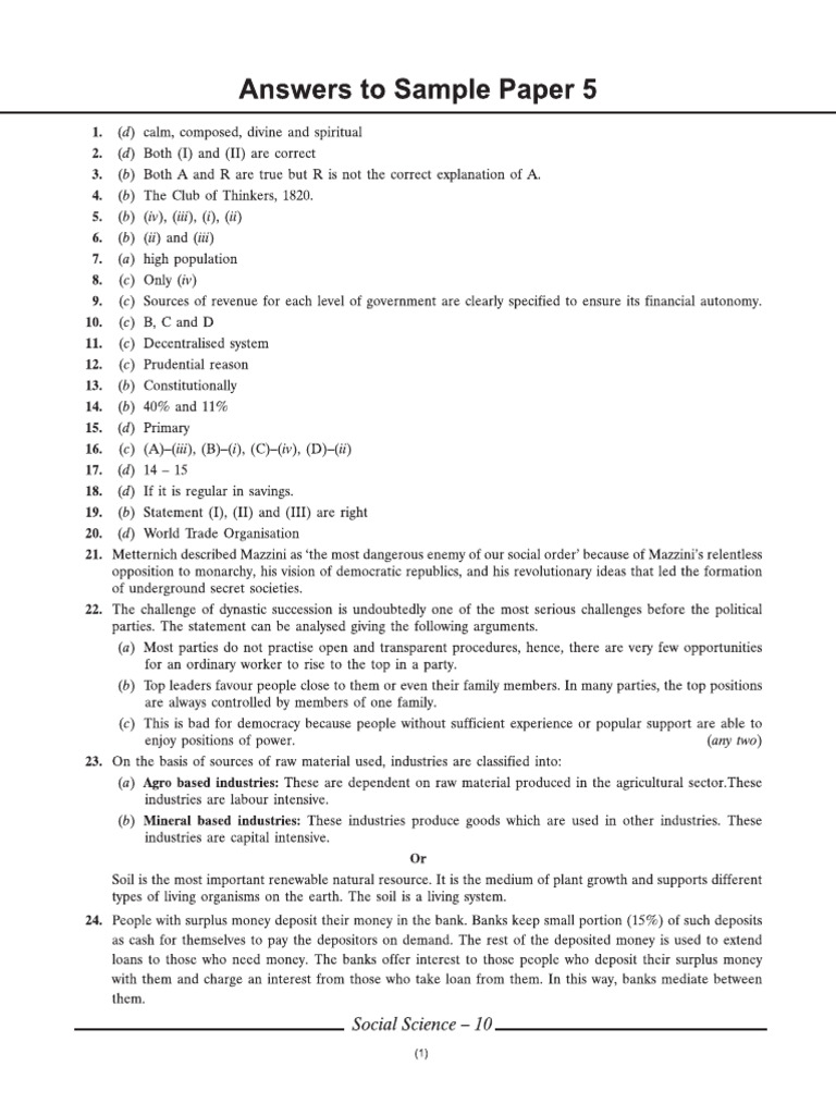 Cbse cl10 Ead Social Science Answers To Sample Paper 5 | PDF