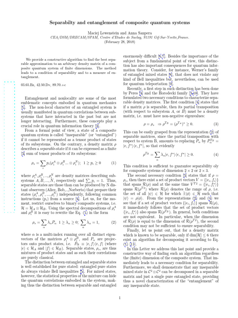 Constructive Algorithm for Quantum Separability | PDF | Quantum ...