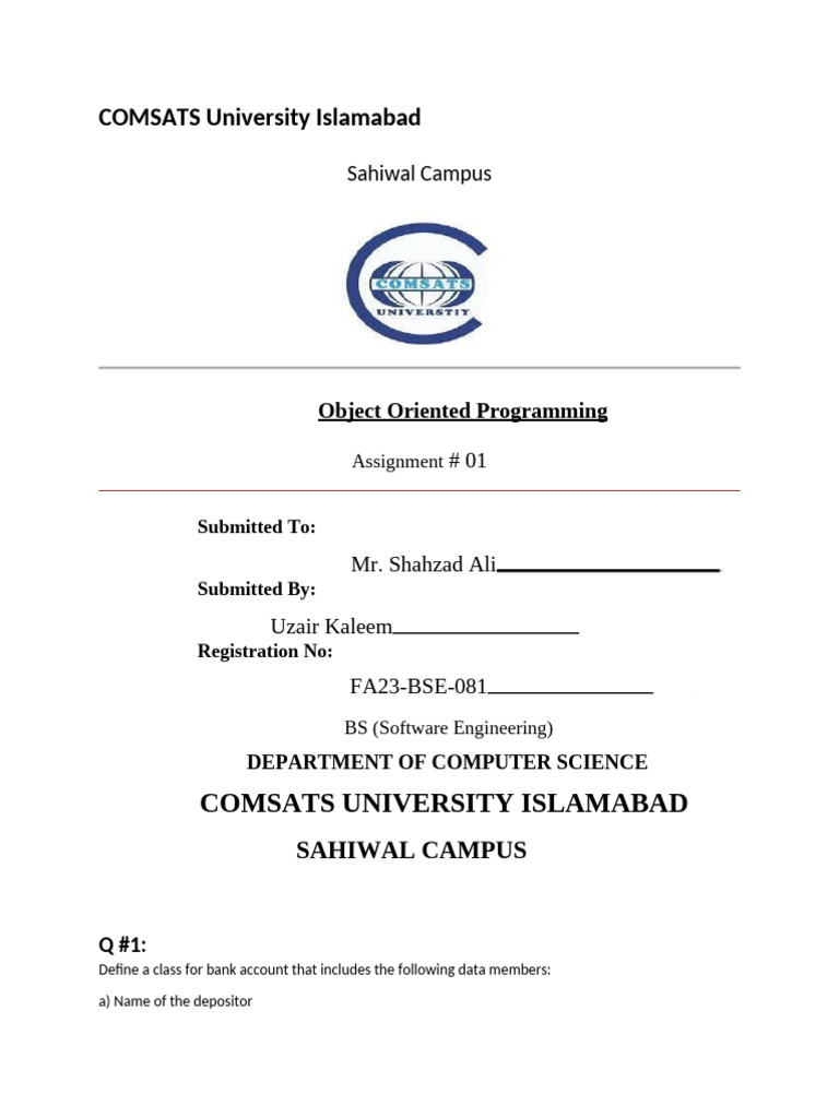 FA23-BSE-157 Oop PDF | PDF | Object Oriented Programming | Parameter (Computer Programming)