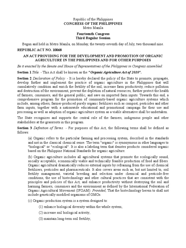 RA 10068 - Organic Agriculture Act of 2010 | PDF | Organic Farming ...