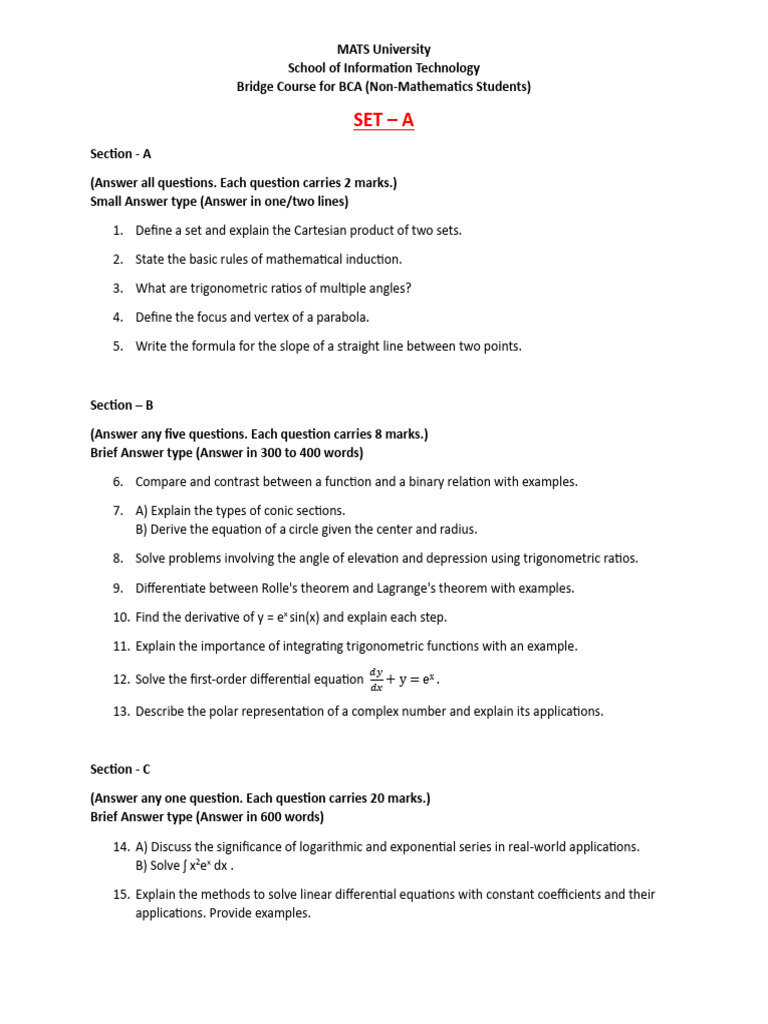 BCA Bridge Course Exam Sets | PDF | Equations | Complex Number