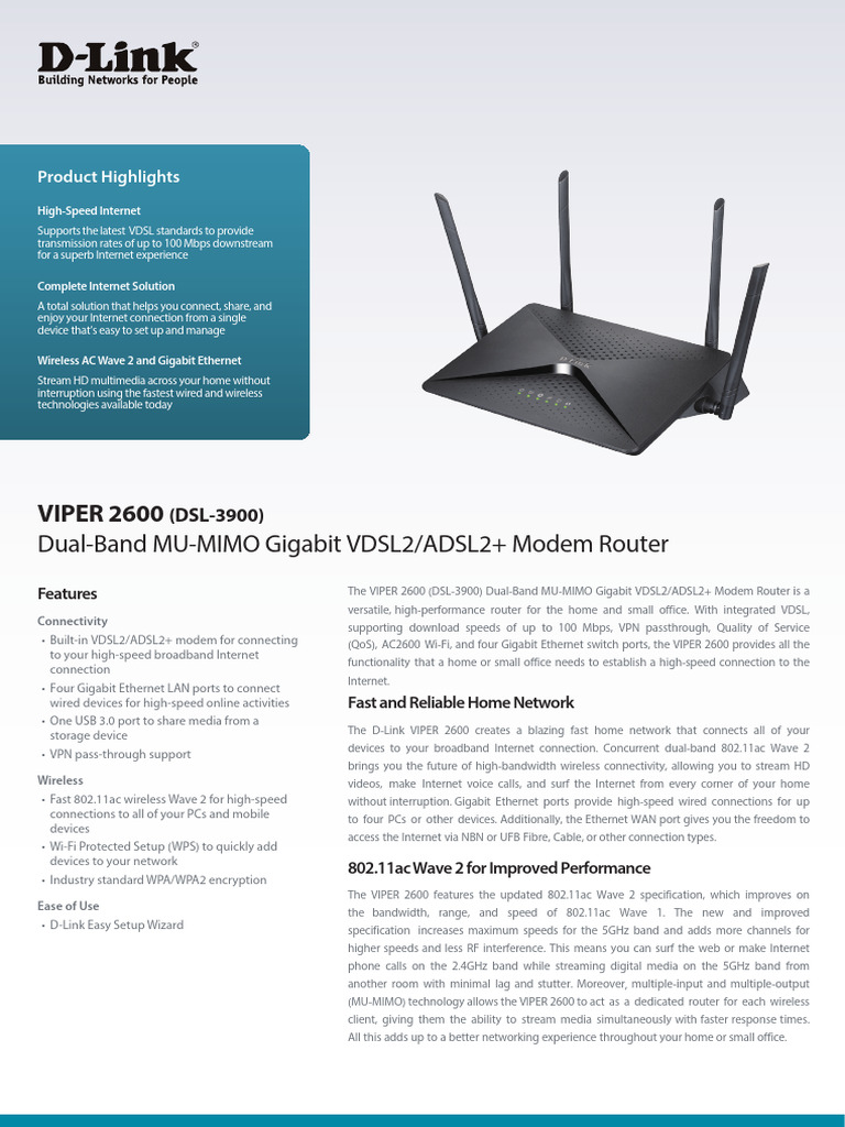VIPER 2600 - DSL-3900 - A1 - Datasheet - v1.00 (AU) | PDF | Wi Fi | Ieee 802.11