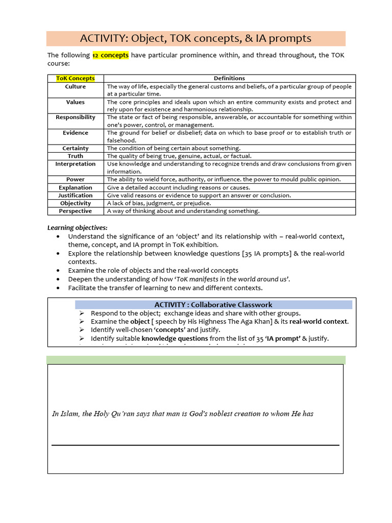 Activity - Tok Concepts, IA Prompts | PDF | Truth | Knowledge