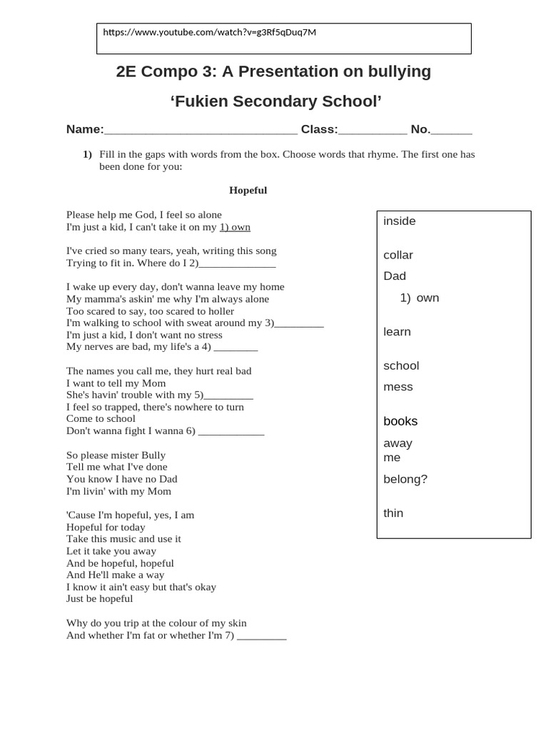 Warmer bullying song You tube worksheet F1 | PDF